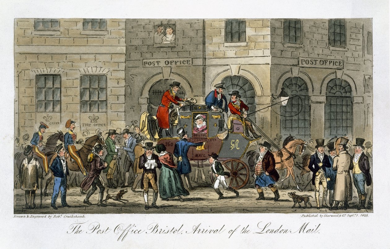 The Post Office Bristol, Arrival of the London Mail, from 'The English Spy', by Charles Molloy ...